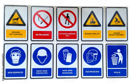 Signs with safety notices in factory | Buy Photos | AP Images | DetailView