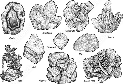 Mineral collection illustration, drawing, engraving, ink, line art ...